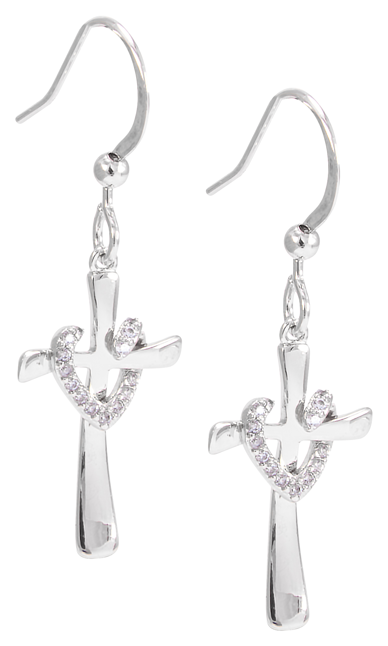 Amanda Blu Cross Heart Silver and Cubic Zirconia Dangling Earrings ...